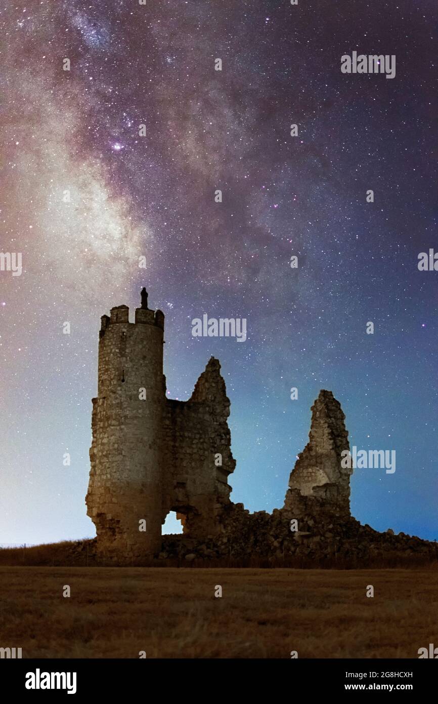 Milky way behind the old collapsed castle , night landscape Stock Photo ...