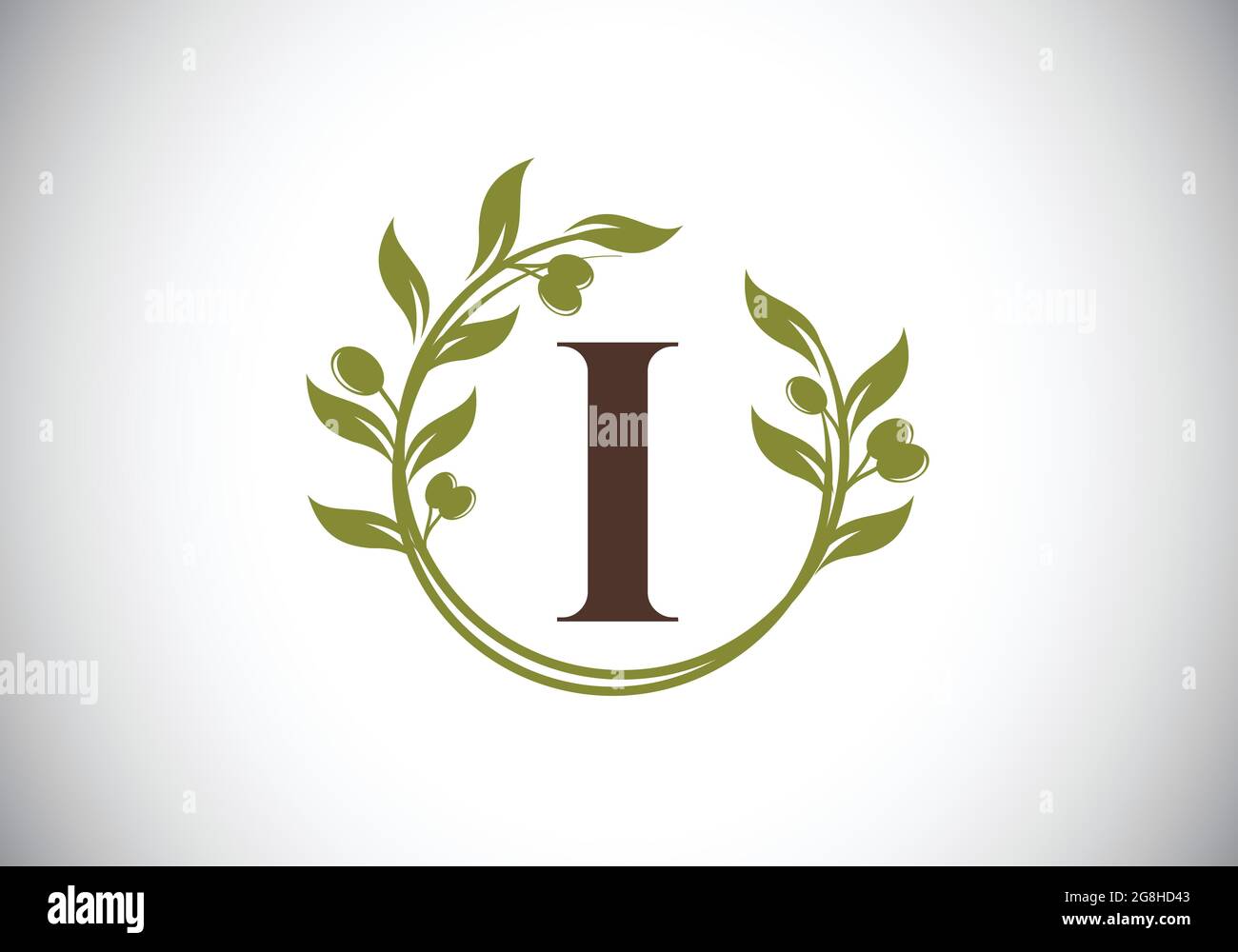 Initial letter I sign symbol with olive branch wreath. Round floral ...