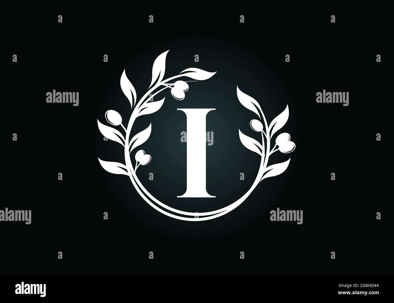 Initial letter I sign symbol with olive branch wreath. Round floral ...