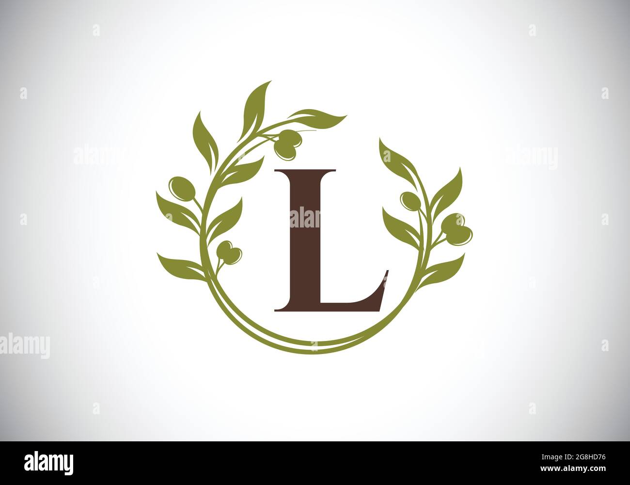 Initial letter L sign symbol with olive branch wreath. Round floral ...