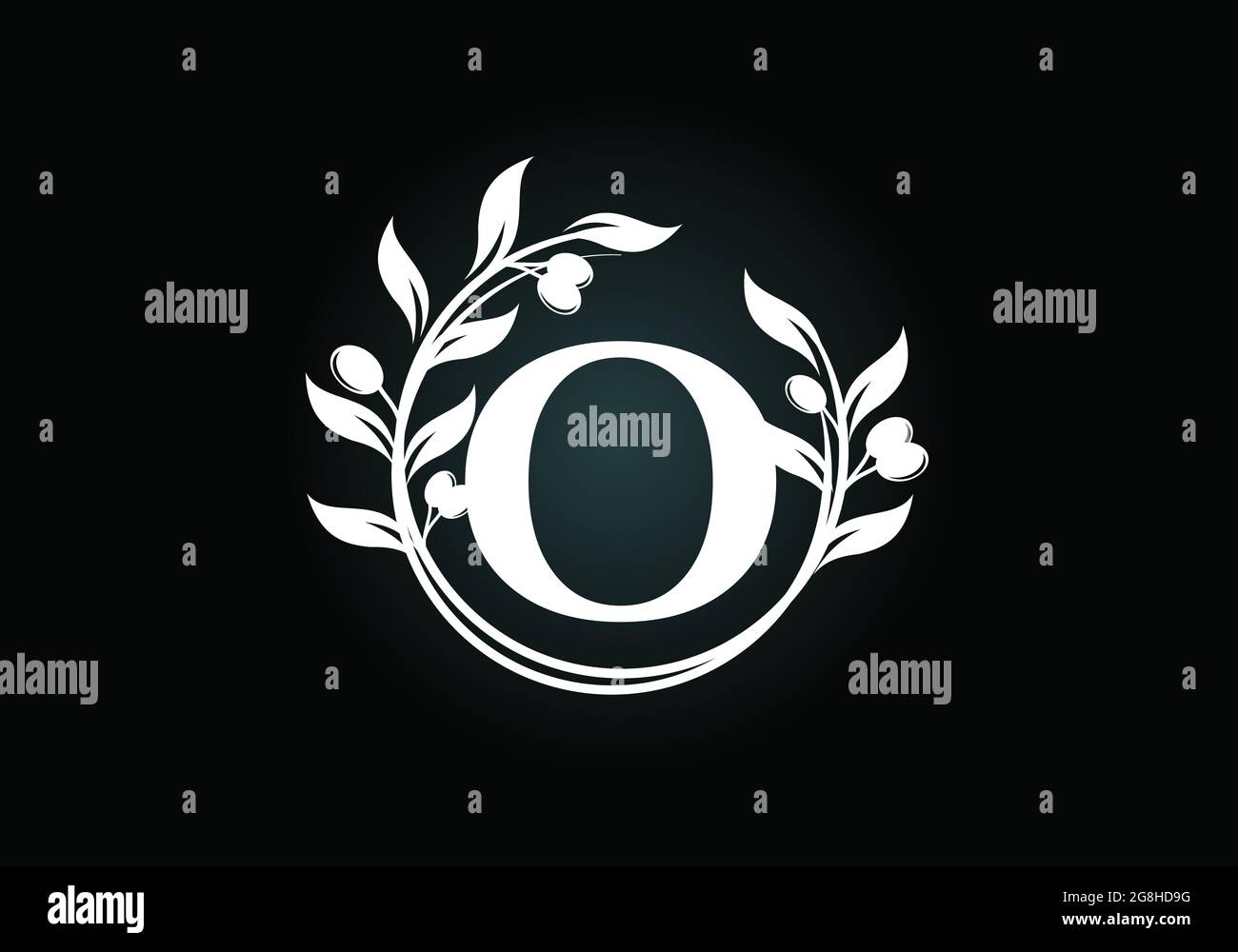 Initial letter O sign symbol with olive branch wreath. Round floral ...