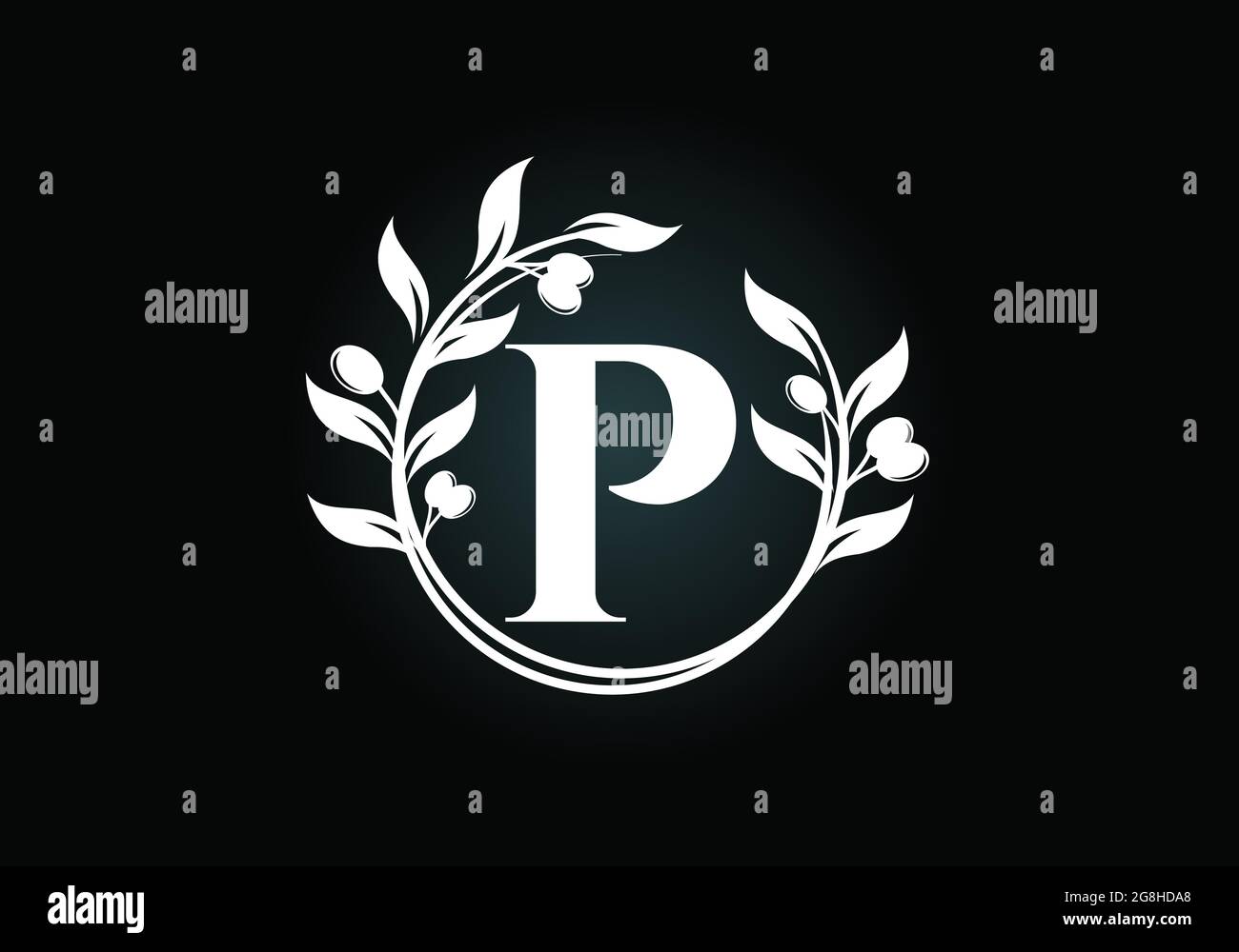 Initial letter P sign symbol with olive branch wreath. Round floral ...