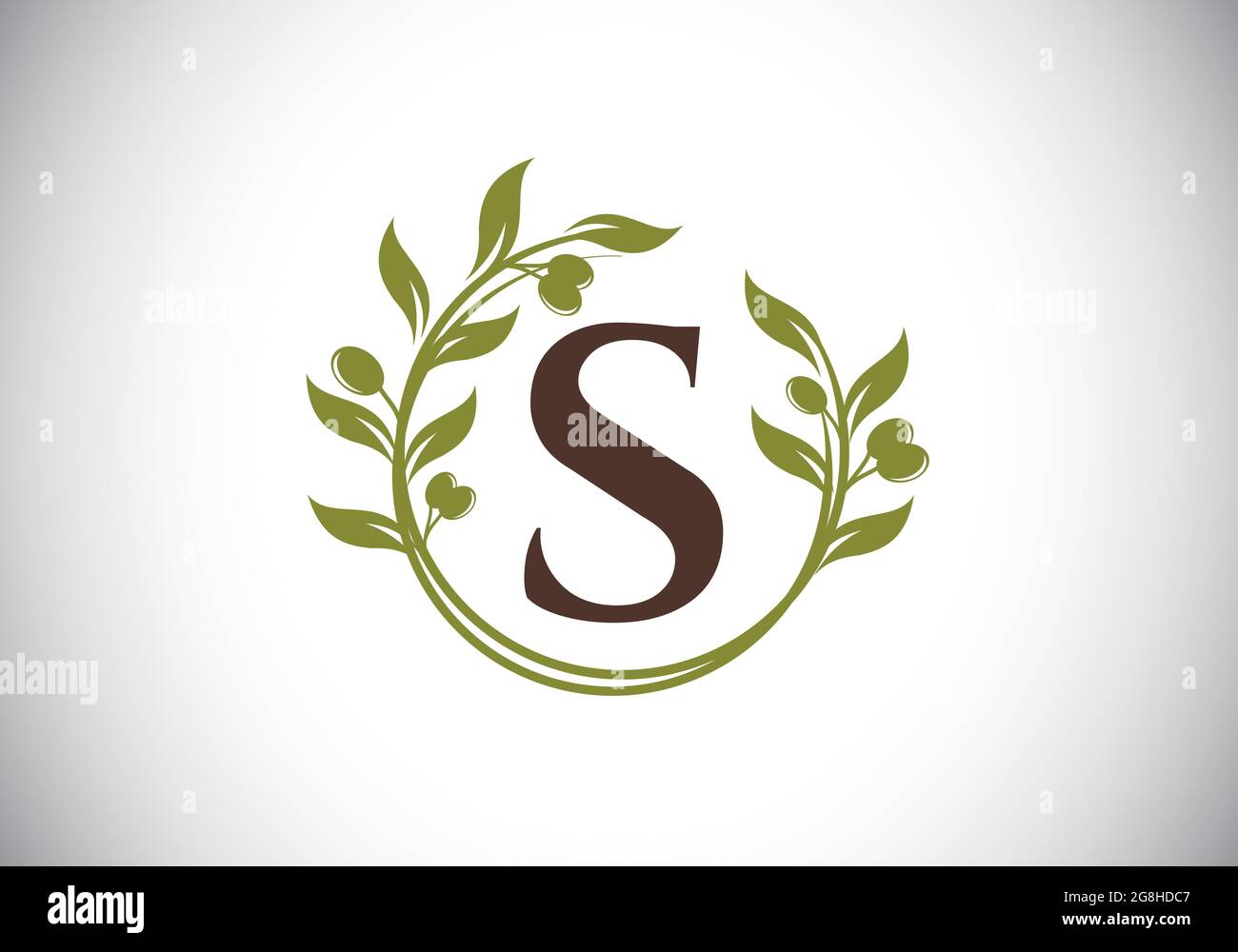 Initial letter S sign symbol with olive branch wreath. Round floral ...