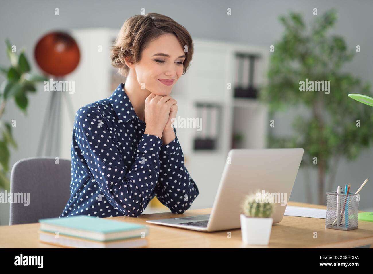 Profile Side View Portrait Of Attractive Cheery Focused Girl Expert Browsing Web Analytics