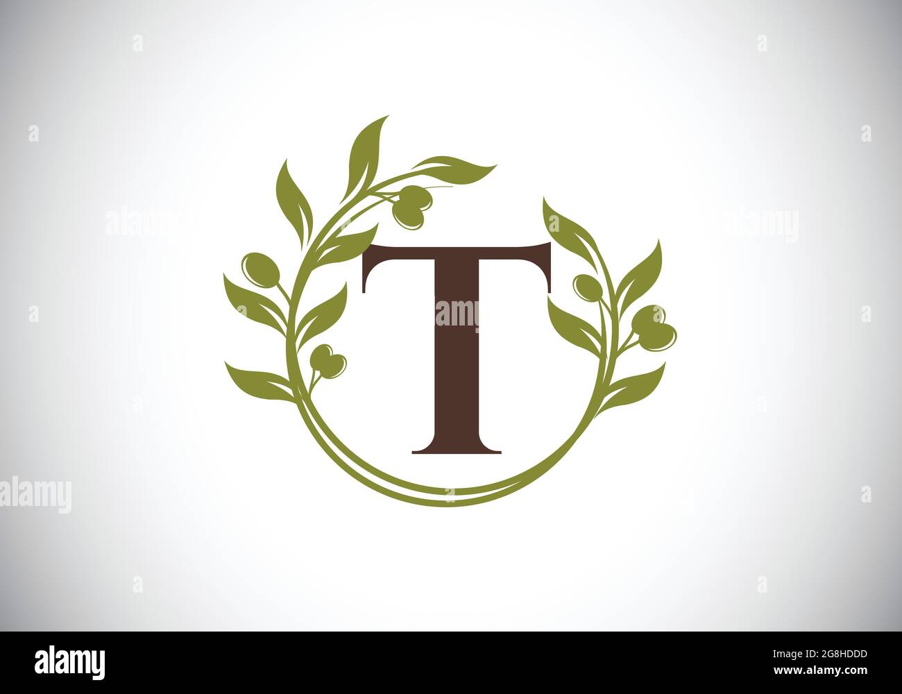 Initial letter T sign symbol with olive branch wreath. Round floral ...