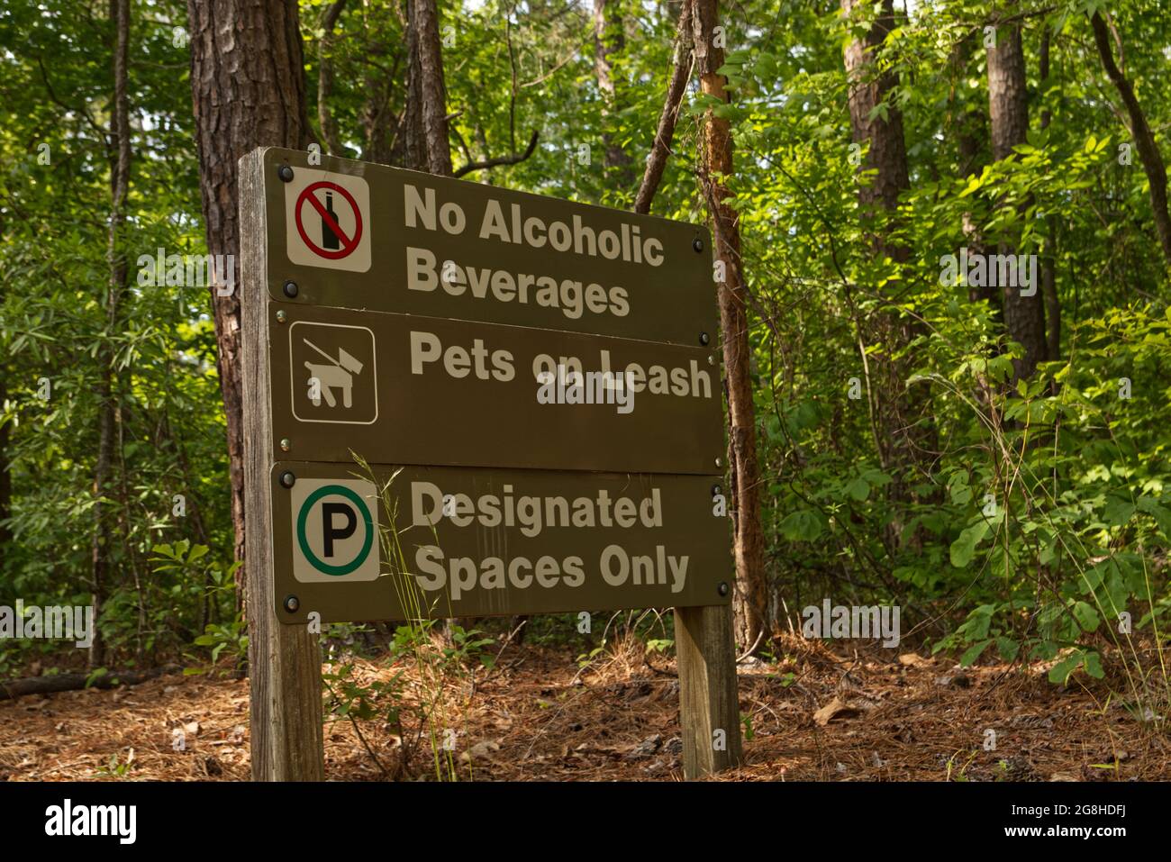 Warning signs at a lake entrance No pets or alcohol lake Thurmond ...