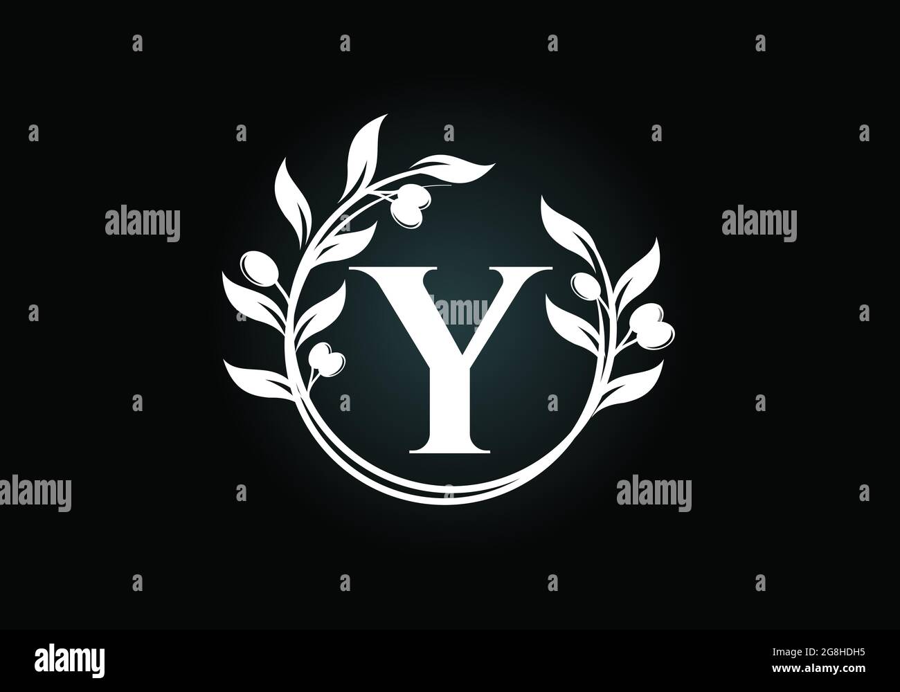 Initial letter Y sign symbol with olive branch wreath. Round floral ...