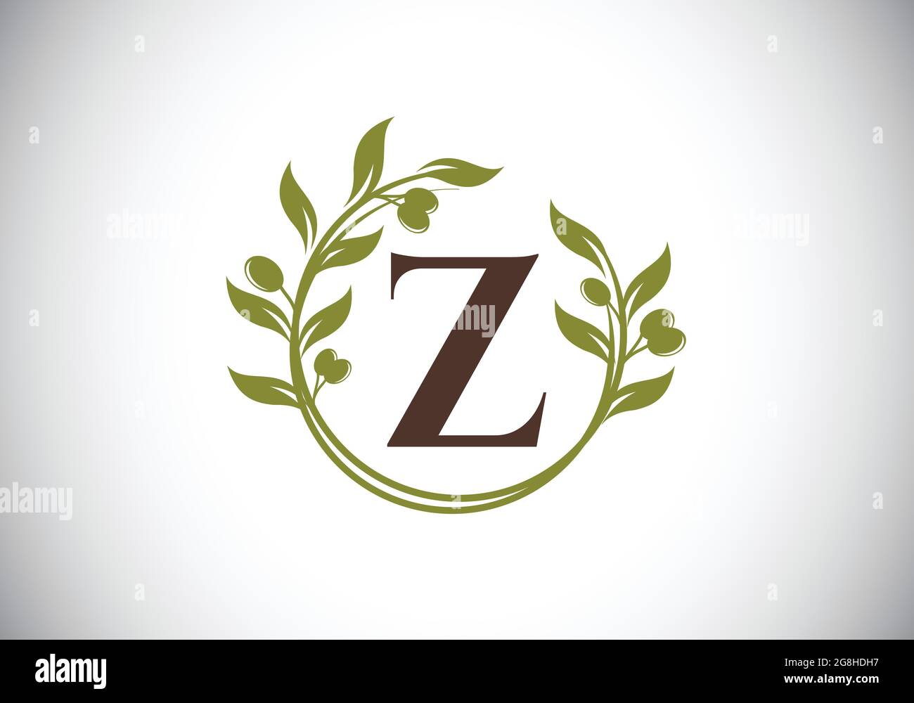 Initial letter Z sign symbol with olive branch wreath. Round floral ...
