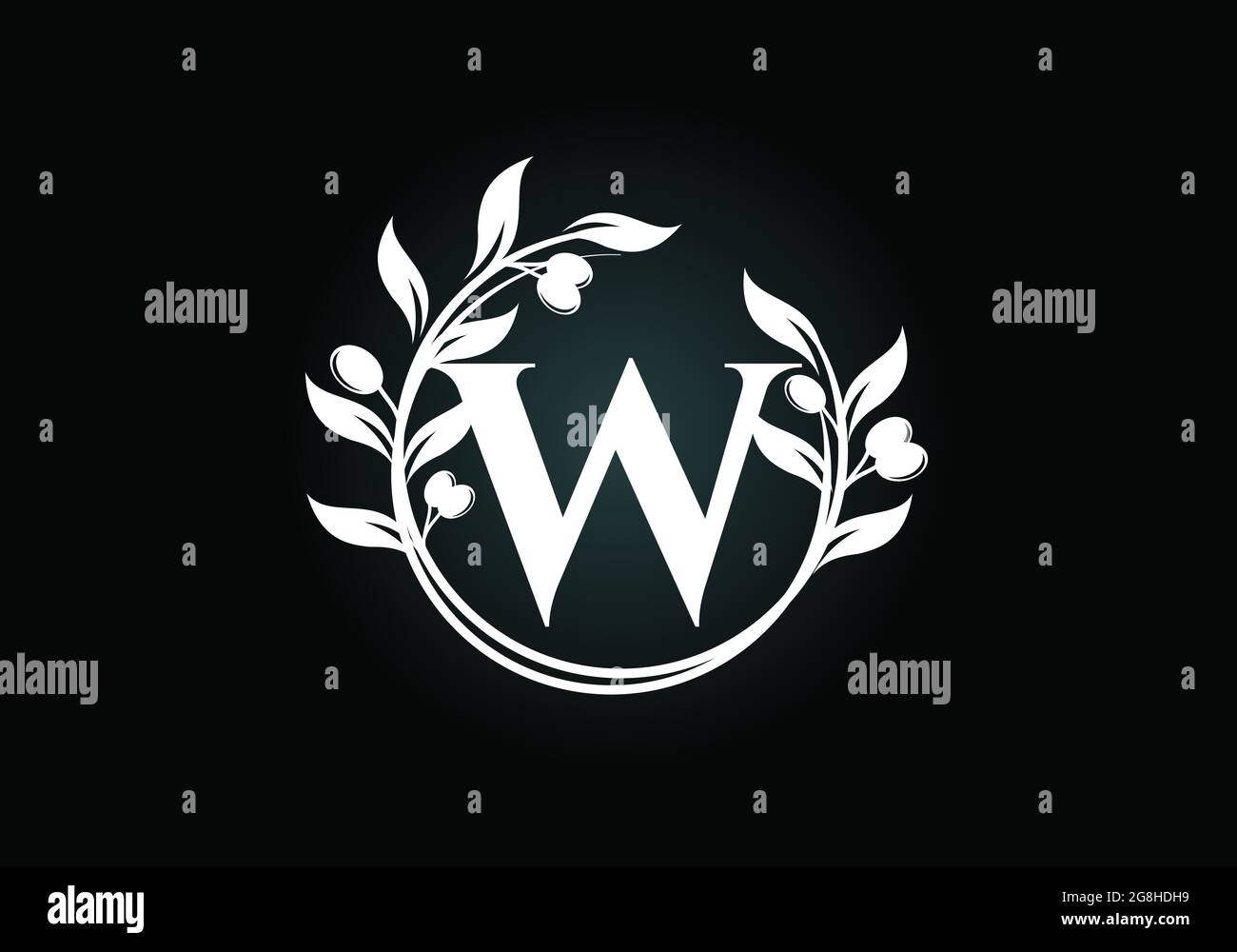 Initial letter W sign symbol with olive branch wreath. Round floral ...