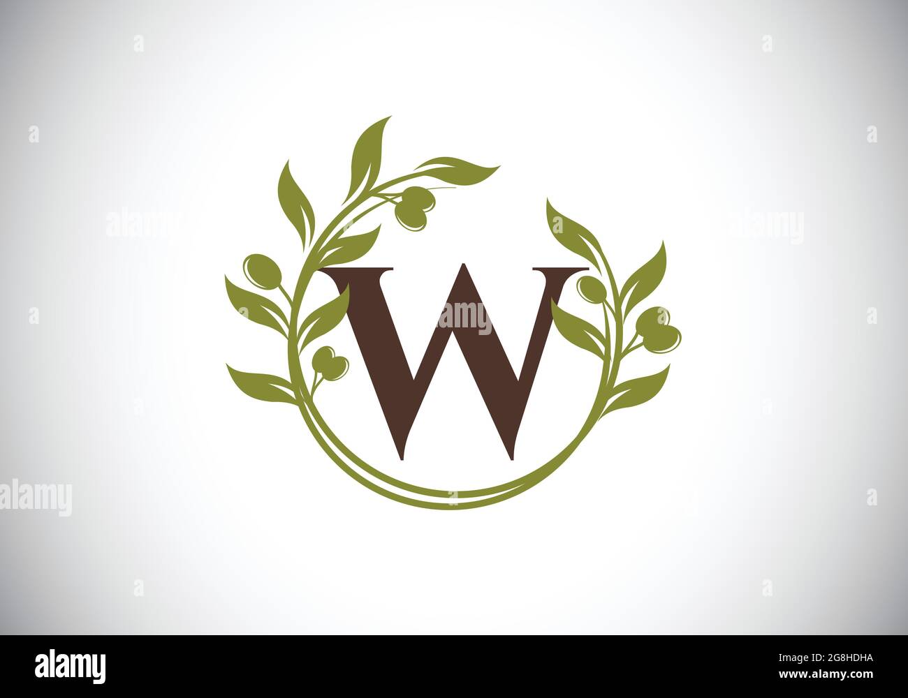 Initial letter W sign symbol with olive branch wreath. Round floral ...