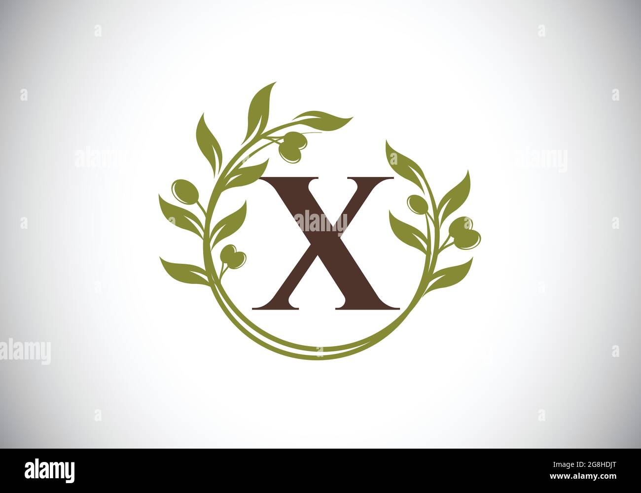 Initial letter X sign symbol with olive branch wreath. Round floral ...