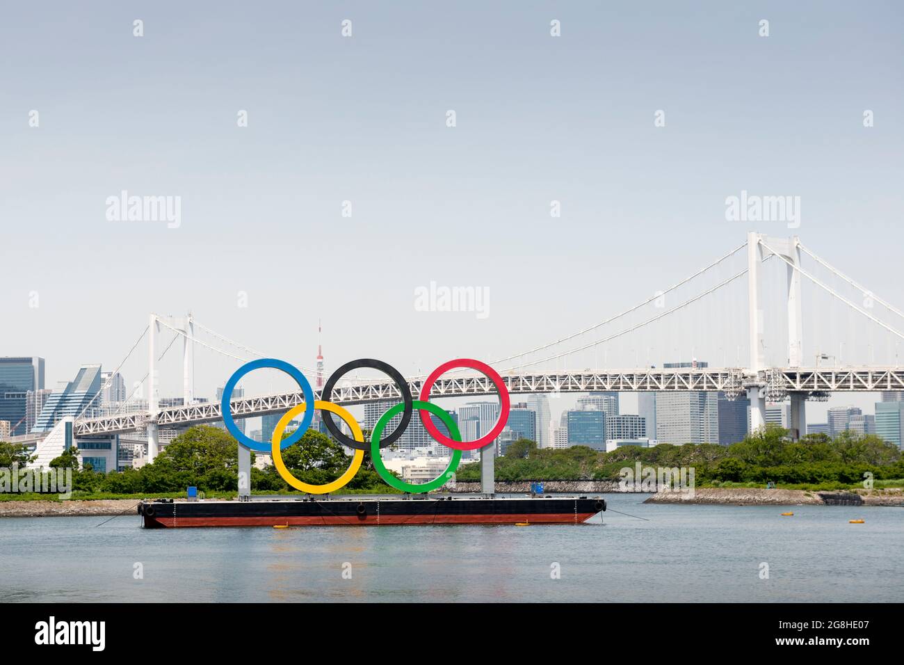 Olympic rings floating off Odaiba with the Rainbow Bridge behind. 2020 ...