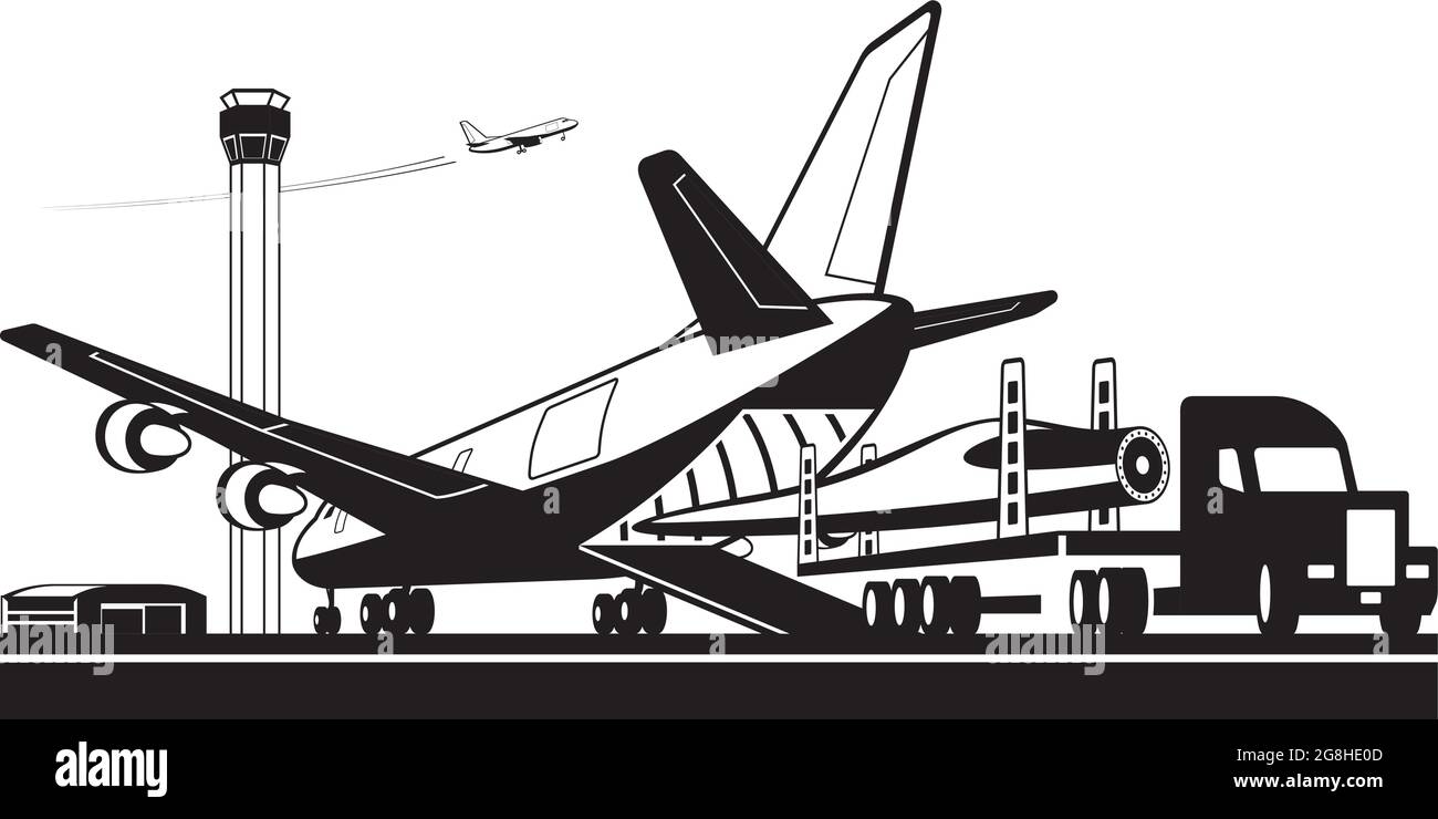 Truck carrying wind turbine fin to cargo plane - vector illustration ...
