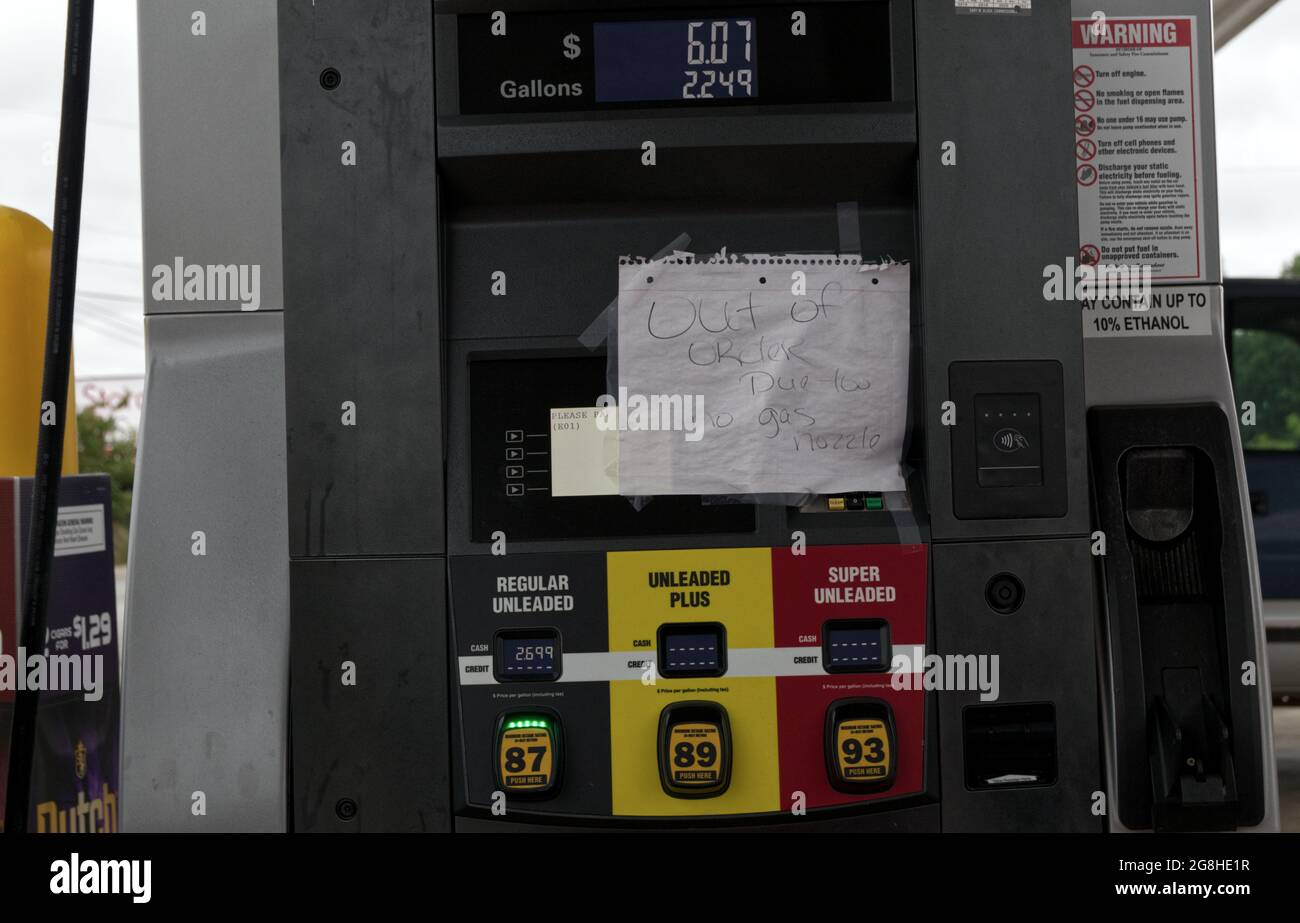 Columbia County, Ga USA - 05 12 21: Out of order sign on a gas pump ...