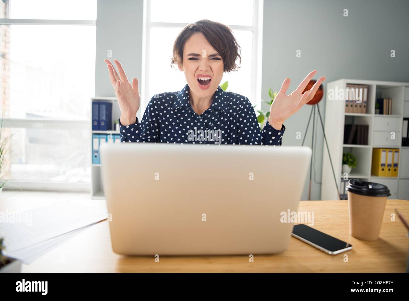 Portrait of attractive devastated desperate girl having conflict web ...
