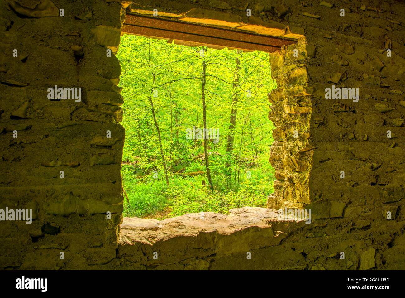 CCC trail shelter window, McCormick's Creek State Park, Indiana Stock ...