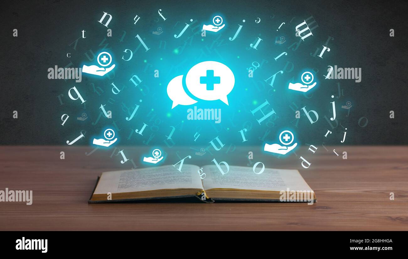 Open medical book with health icons above Stock Photo - Alamy