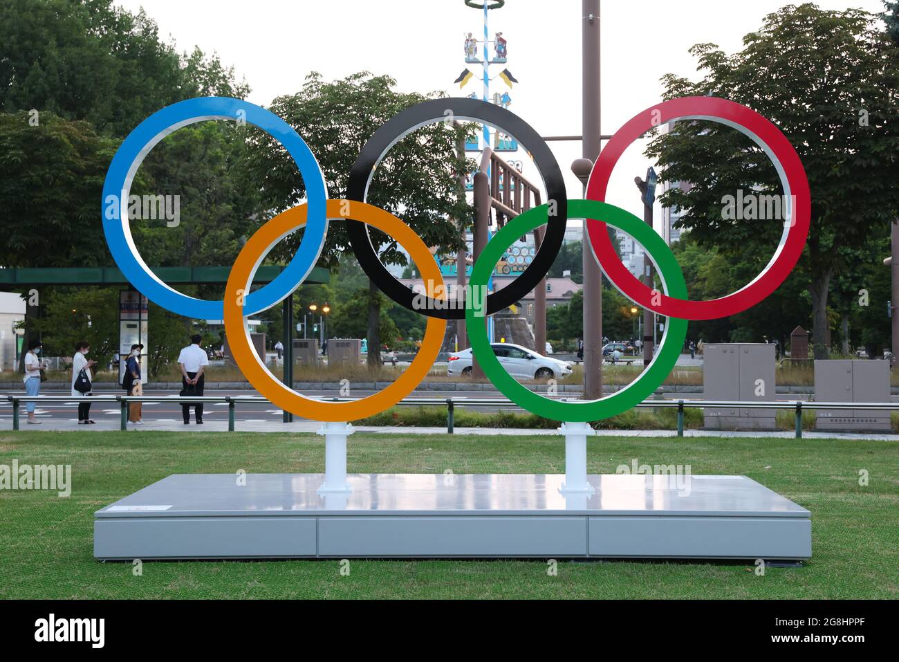 The giant Olympic rings are displayed at the Odori Park in Sapporo ...