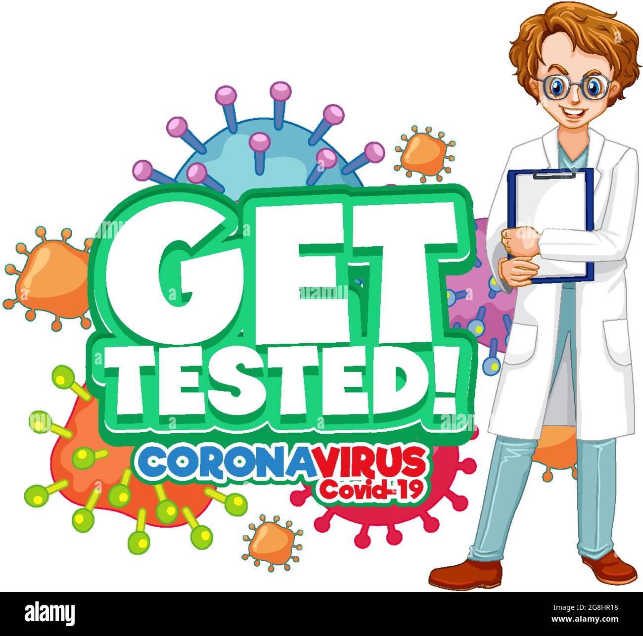 Get Tested font in cartoon style with a male doctor cartoon character ...