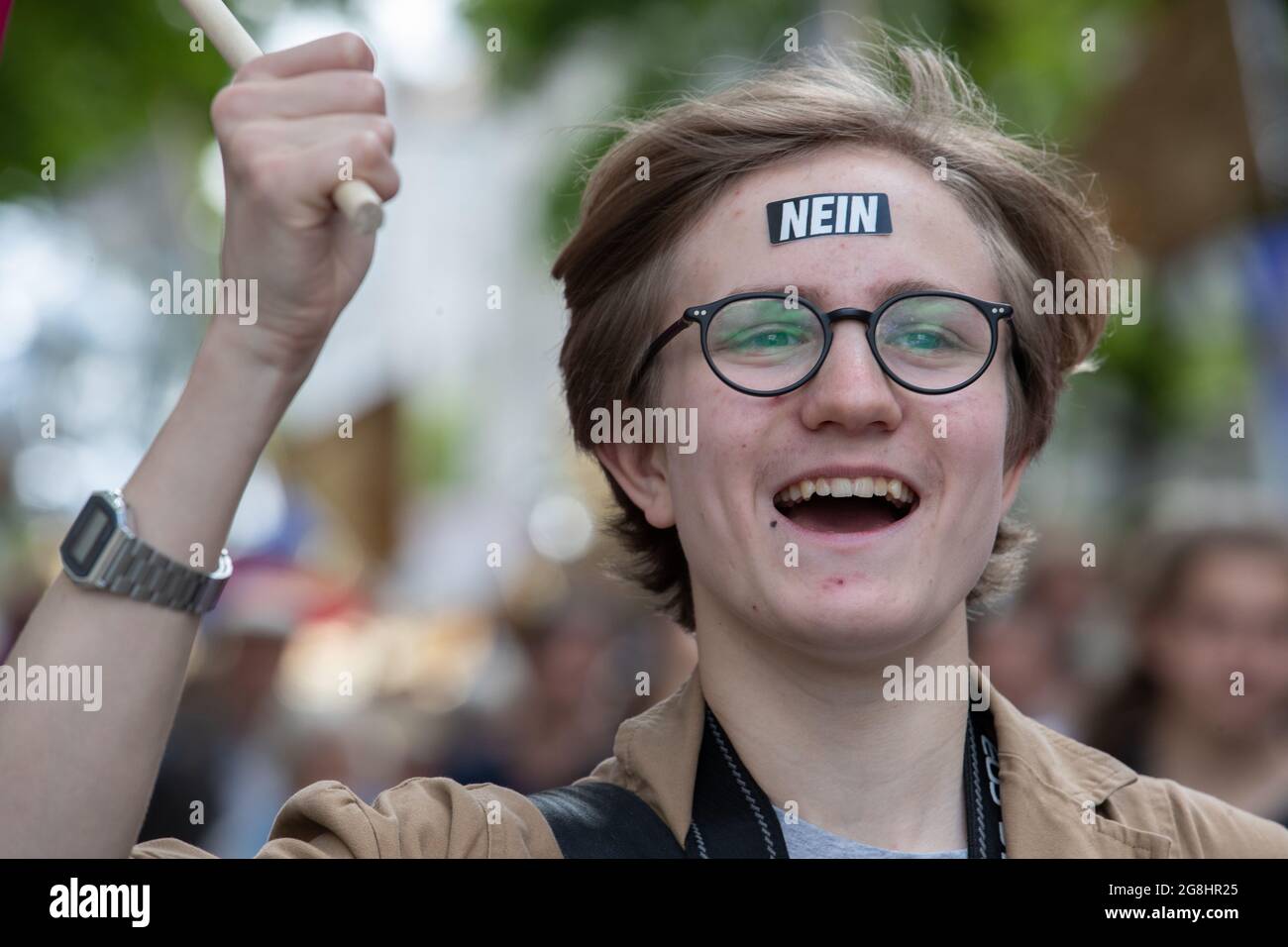 Young protestor with a NEIN - No sticker. On 19.05.2019 some 20.000 ...
