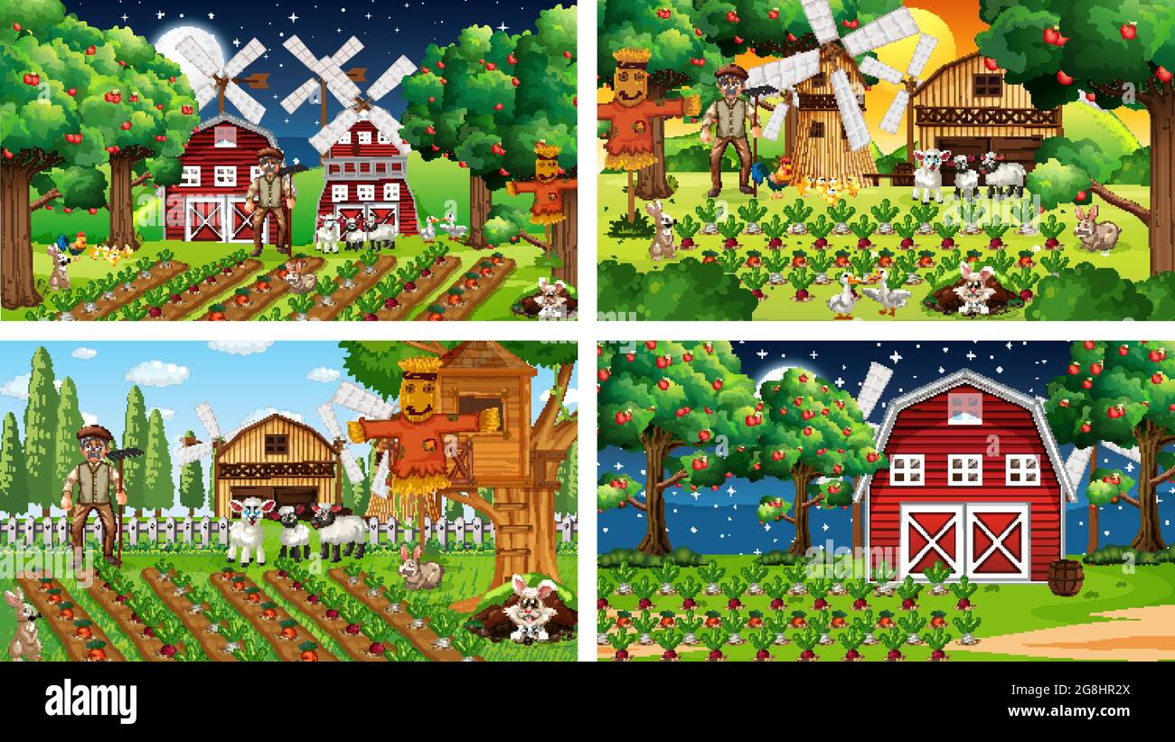 Different farm scenes with old farmer and animal cartoon character ...