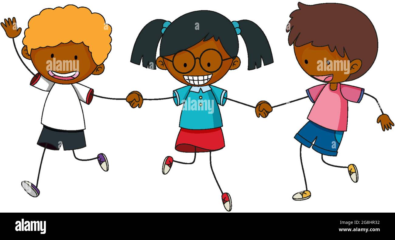 Happy kids holding hands doodle cartoon character illustration Stock ...