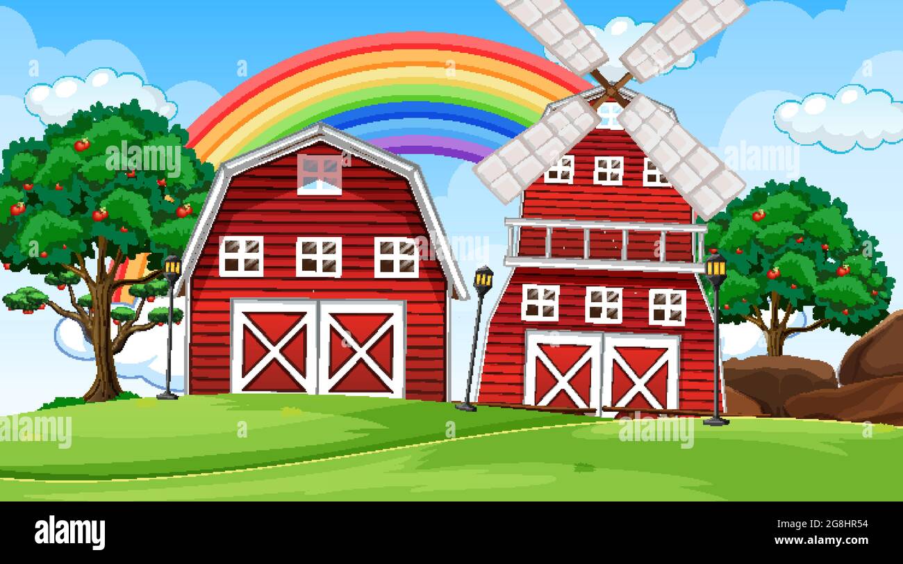 Farm landscape scene with barn and windmill illustration Stock Vector ...