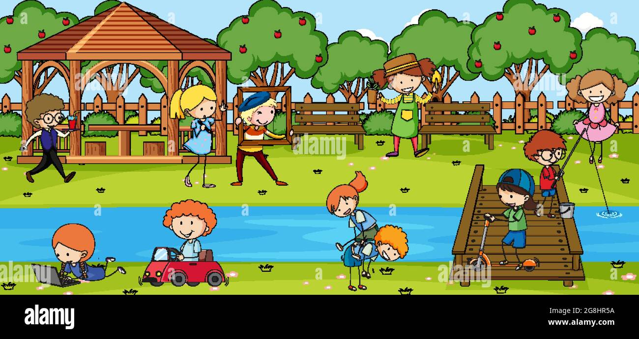 Outdoor scene with many kids playing in the park illustration Stock ...