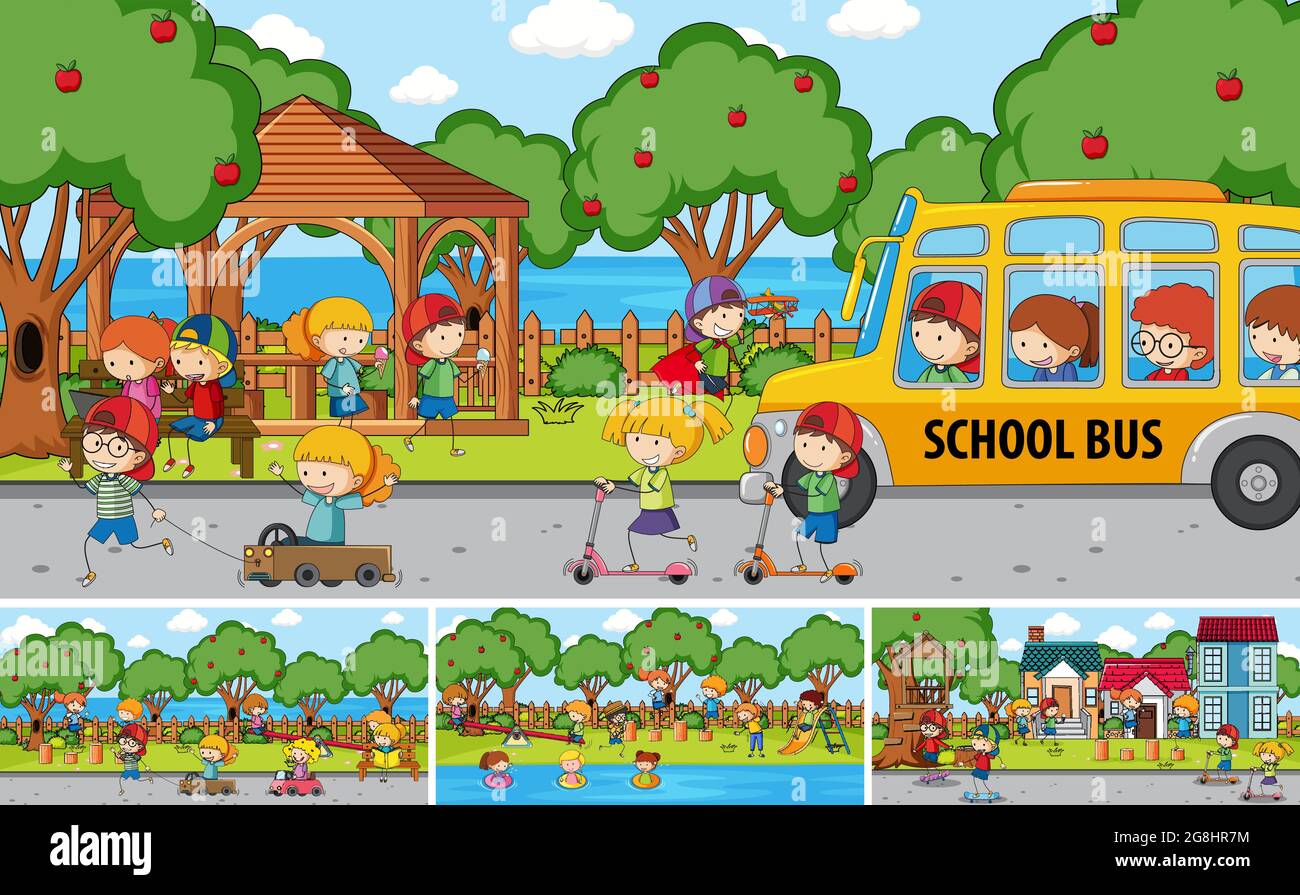 Outdoor scene set with many kids doodle cartoon character illustration ...