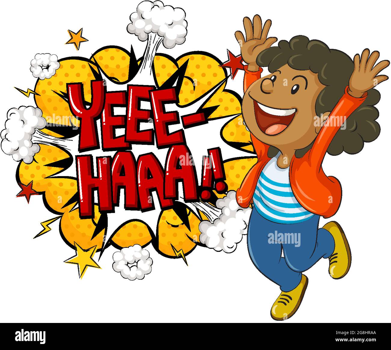 YEEE-HAAA word on bomb explosion with a boy cartoon character isolated ...