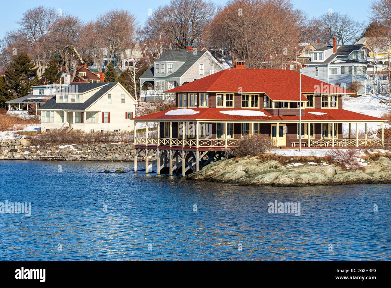Red Roofed House on Little Diamond Island, Casco Bay, Maine Stock Photo ...