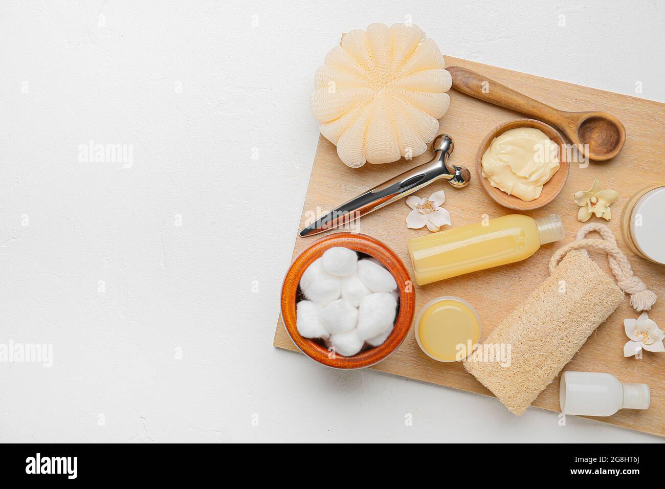 Set of bath supplies on light background Stock Photo - Alamy