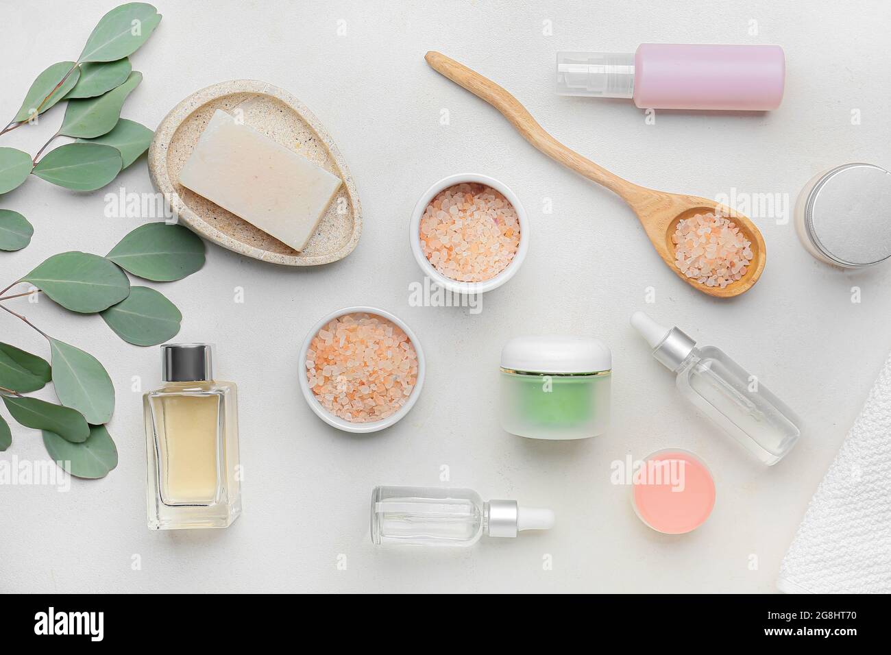 Set of bath supplies on light background Stock Photo - Alamy