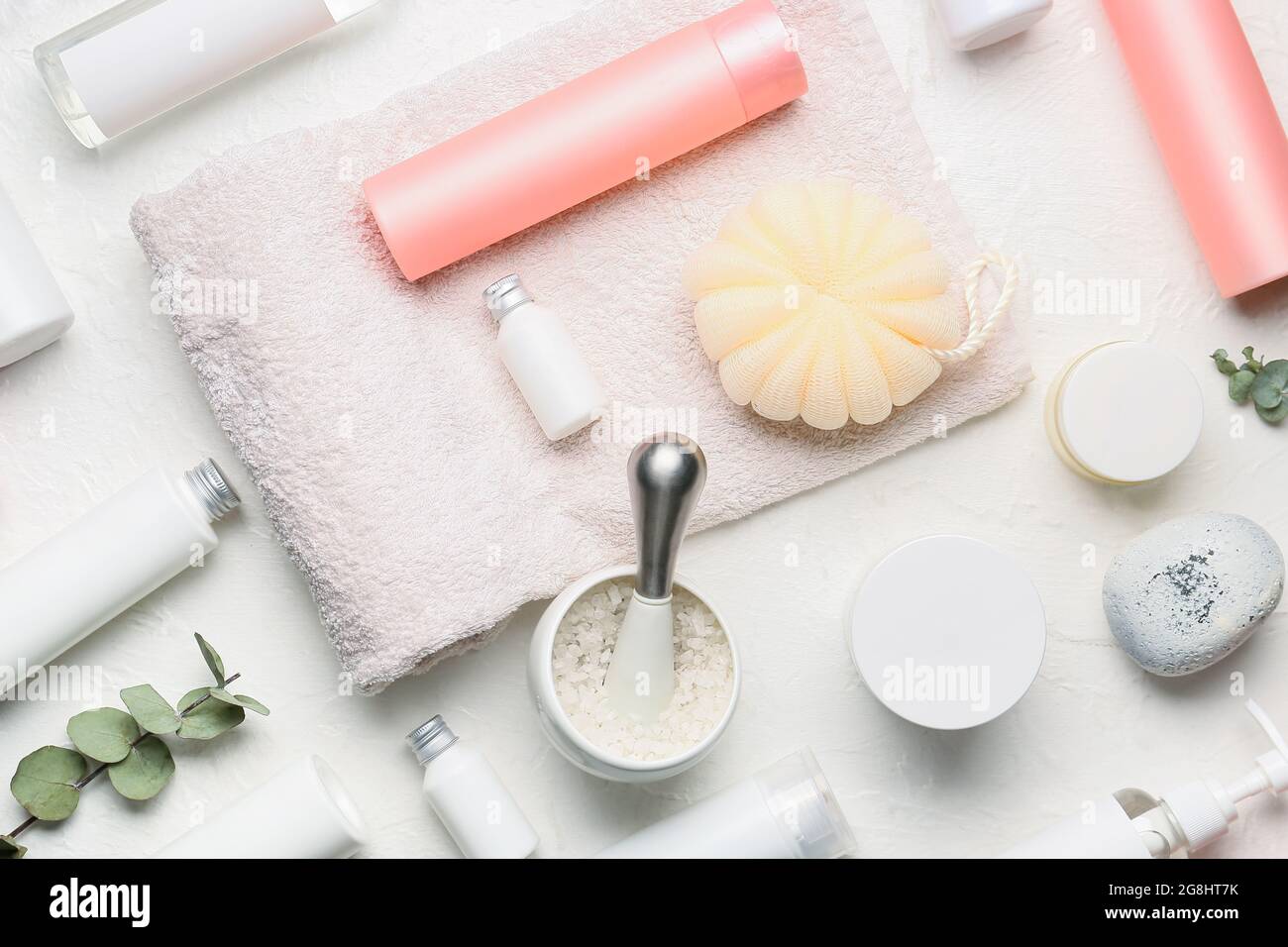 Set of bath supplies on light background Stock Photo - Alamy