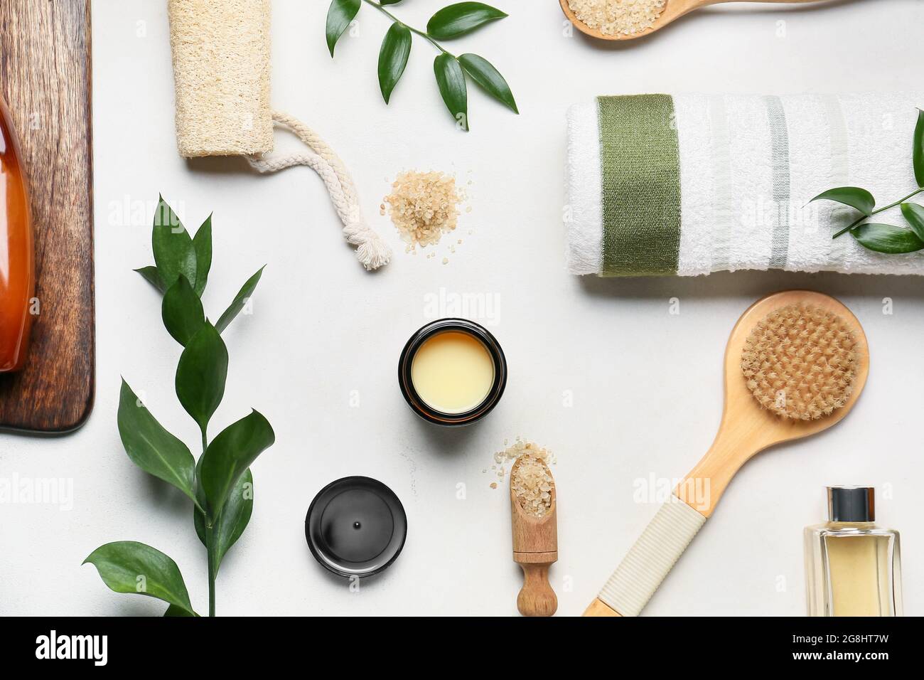 Set of bath supplies on light background Stock Photo - Alamy