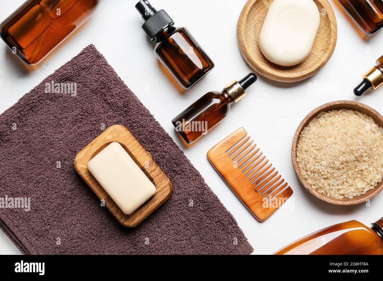 Set of bath supplies on light background Stock Photo - Alamy