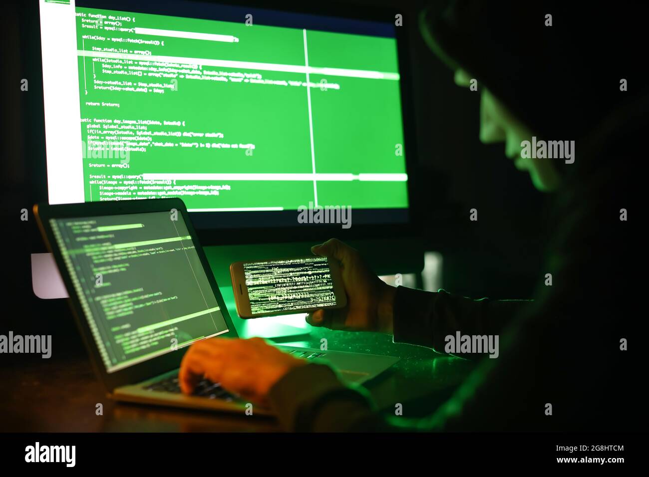 Hacker with mobile phone using computer in dark room Stock Photo - Alamy