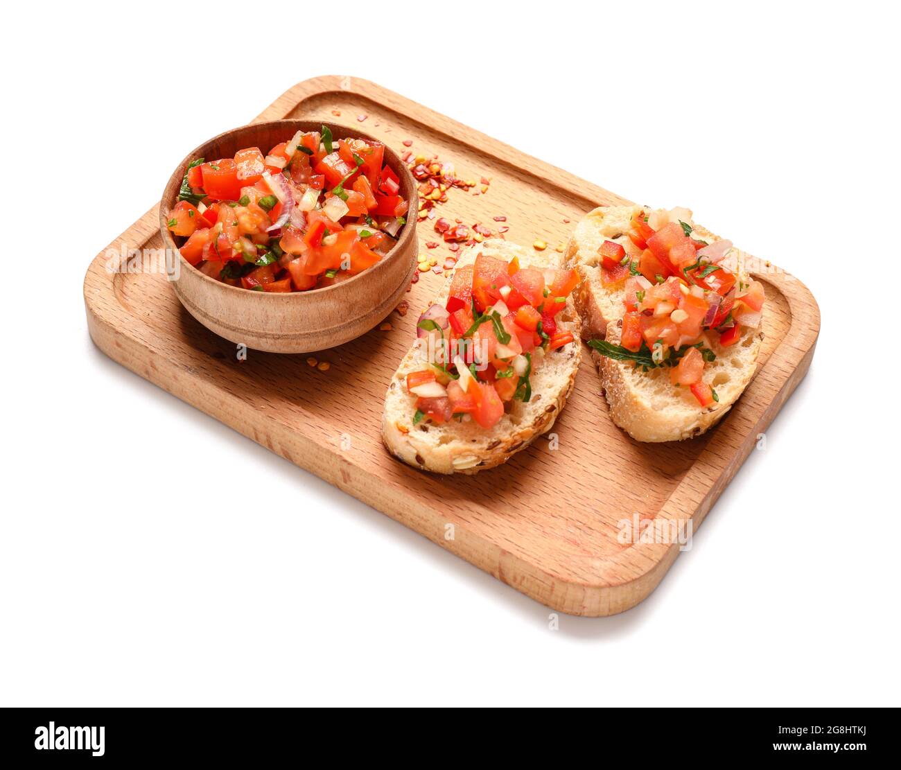 Pieces of bread with tasty salsa sauce on white background Stock Photo ...