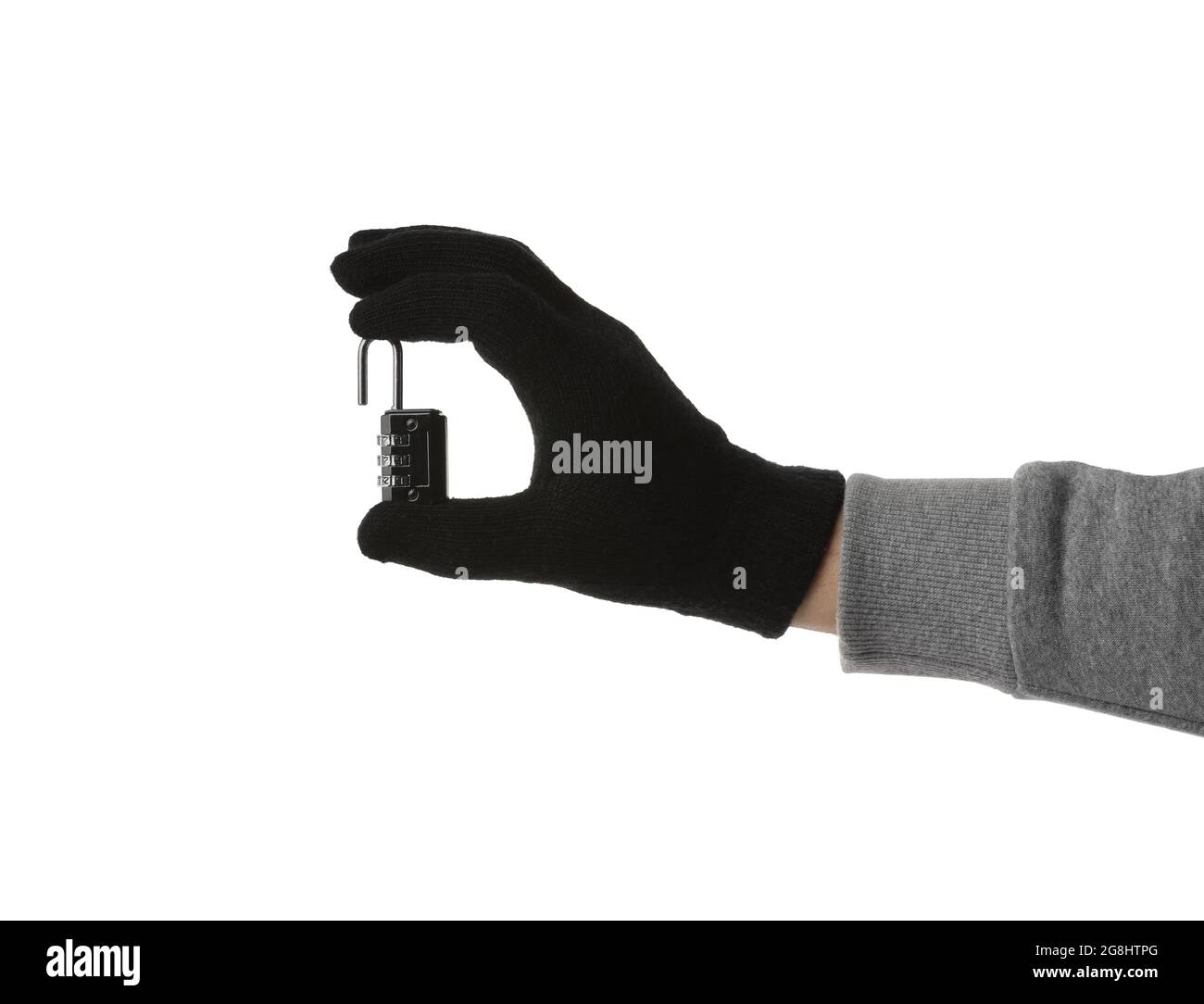 Human hand holding padlock on white background Stock Photo - Alamy