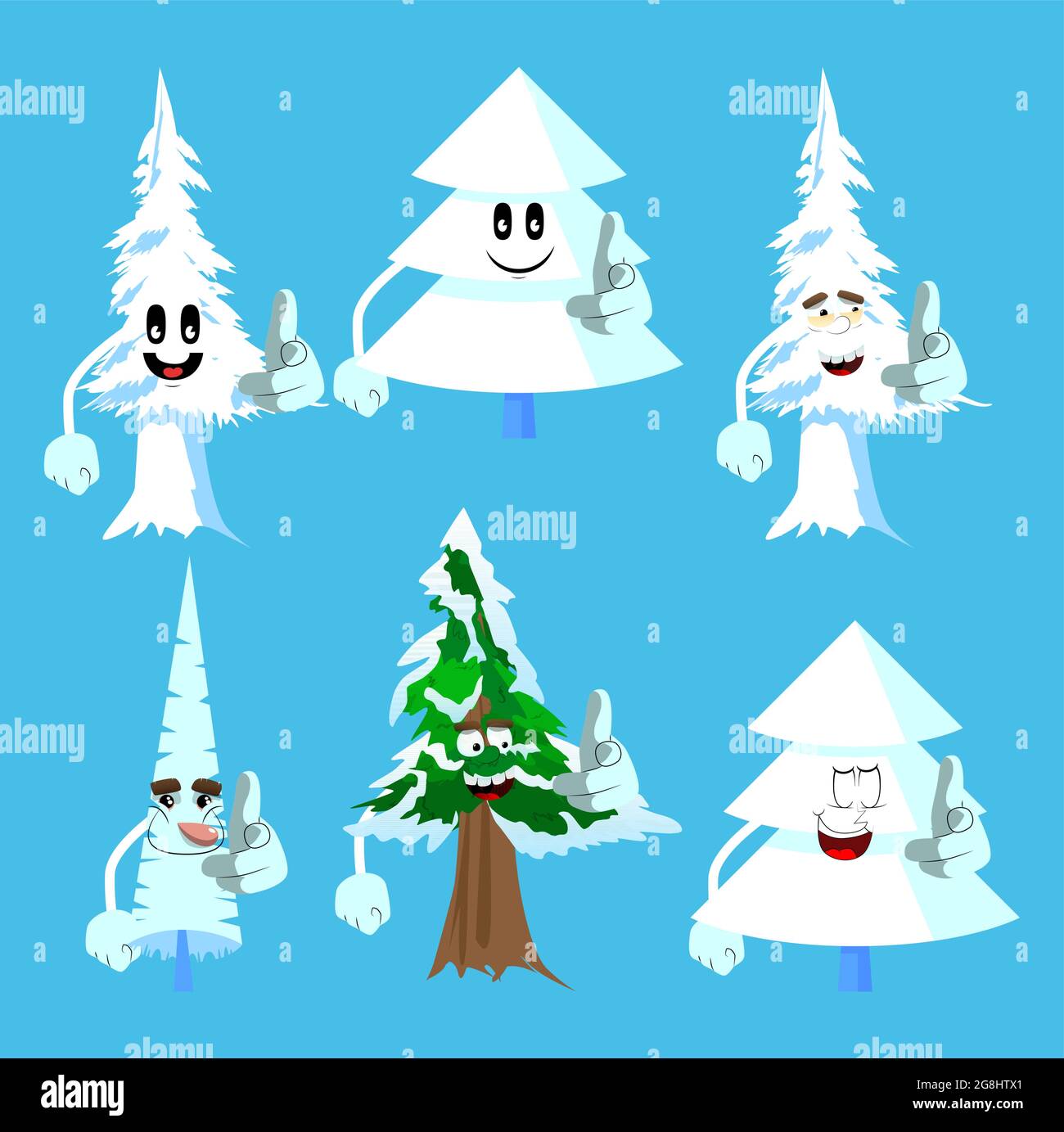 Cartoon winter pine trees with faces pointing at the viewer with his ...