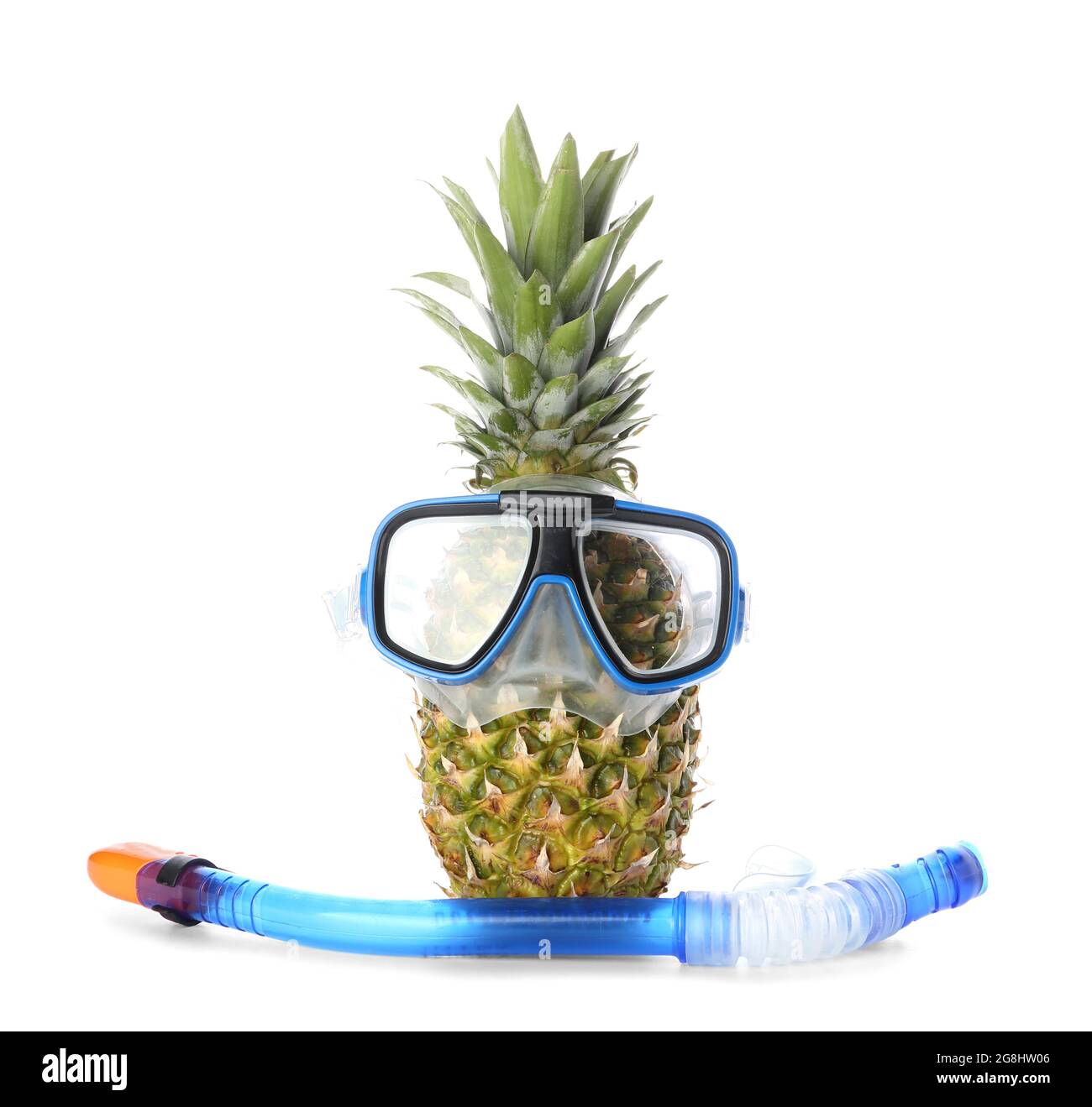 Fresh pineapple in snorkeling mask and tube on white background Stock ...