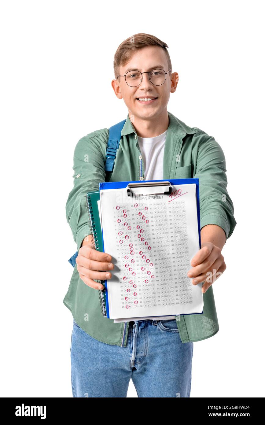 Student with answer sheet for school test on white background Stock ...