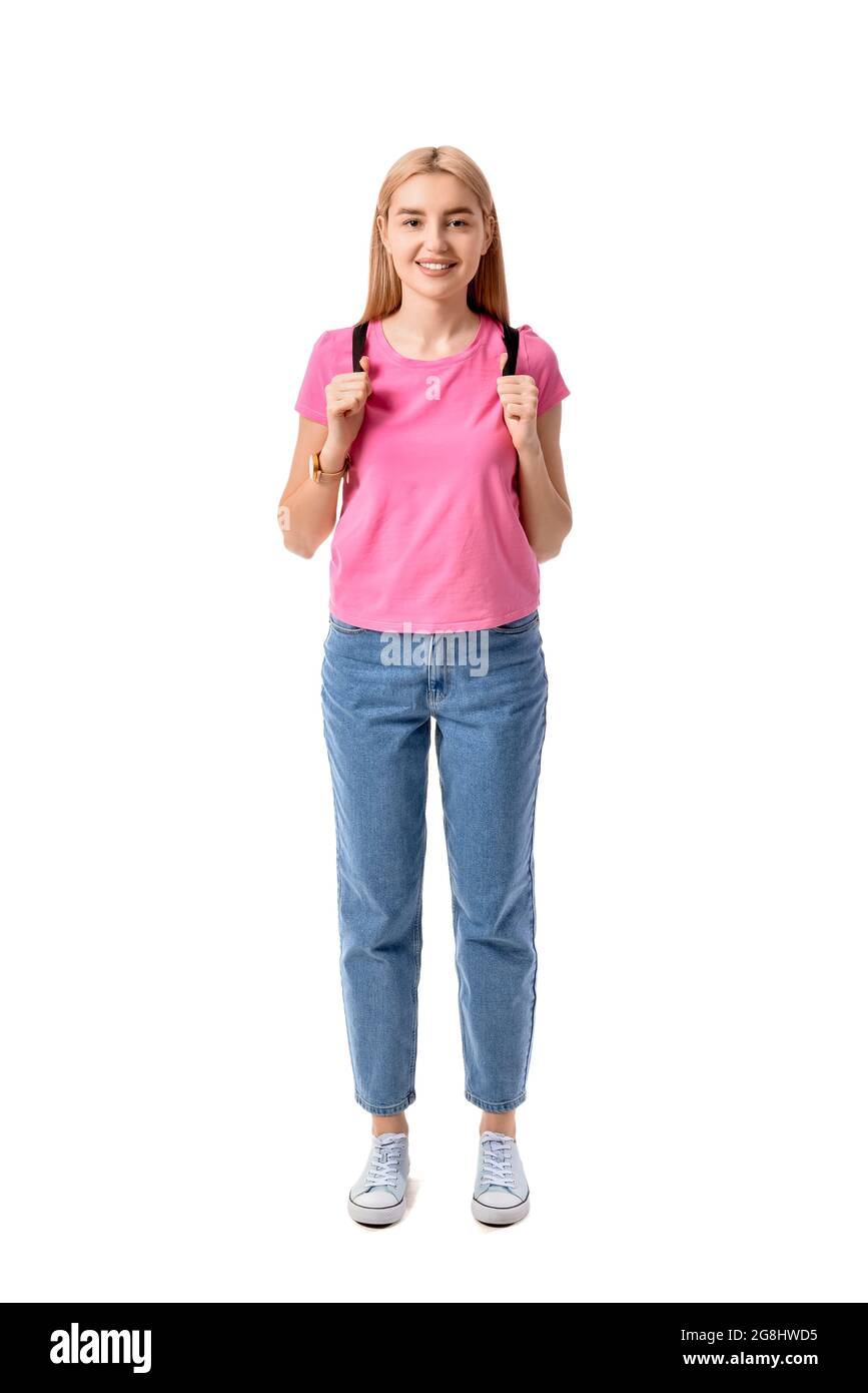 Female student on white background Stock Photo - Alamy
