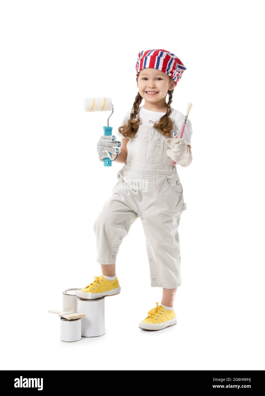 Cute little painter with roller and brush on white background Stock ...