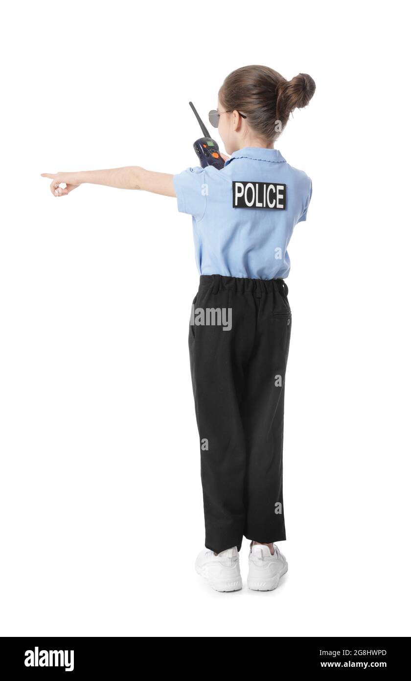 Cute little police officer on white background Stock Photo - Alamy