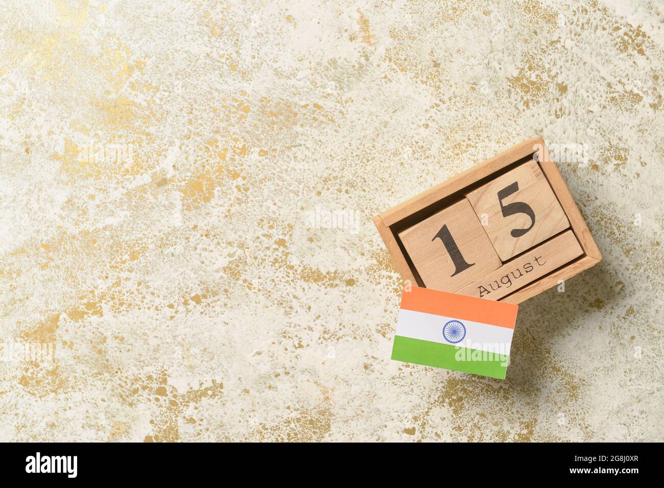 Indian flag and calendar with date 15 August on light background ...