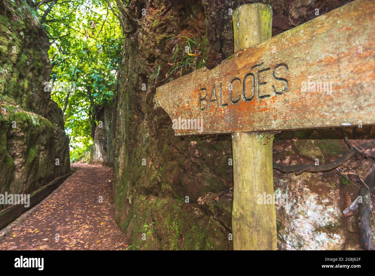 wooden sign board with direction to famous Balcoes levada at Madeira ...