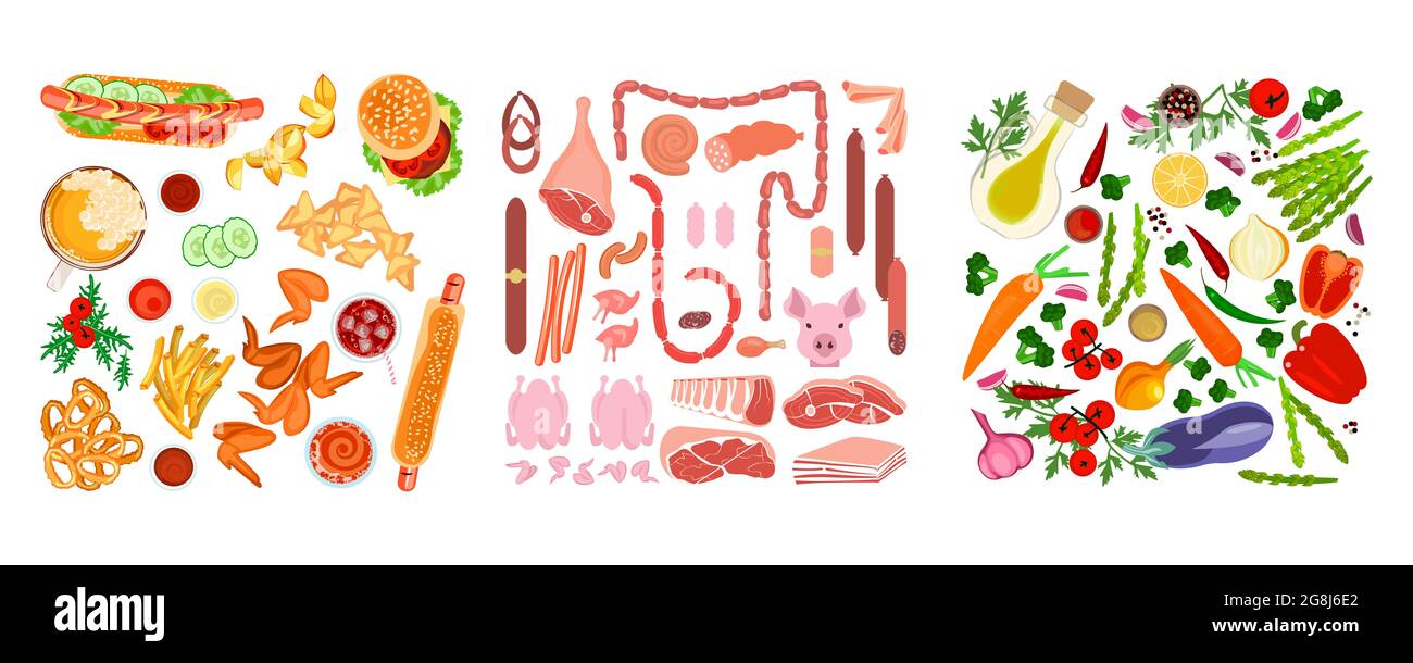 Set of colorful food ingredients - meat, vegetables, fast food. Square ...