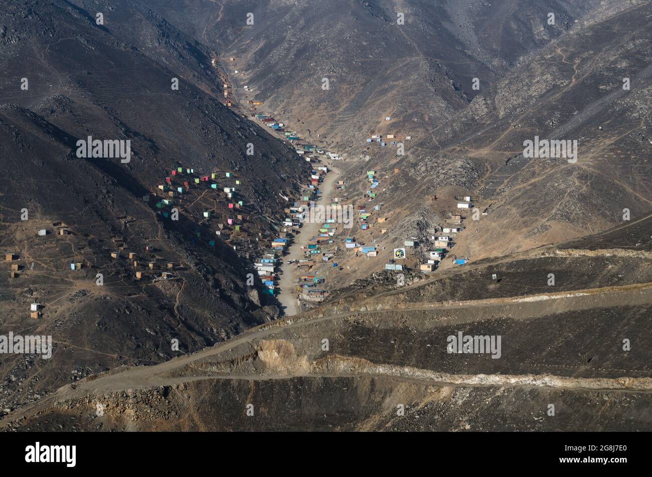 The houses and apartments are built in a poor neighborhood in Lima ...