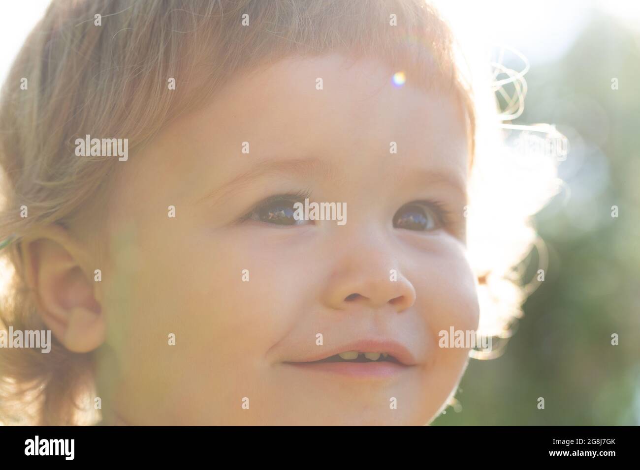 Caucasian Baby child portrait close up. Kids cropped face outdoor Stock ...